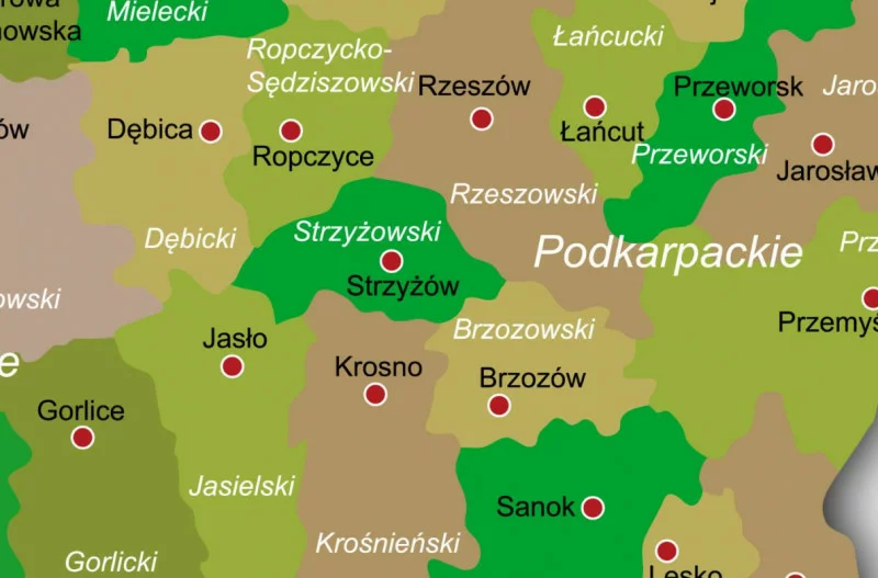 Fototapeta mapa Polski - miasta, powiaty, województwa