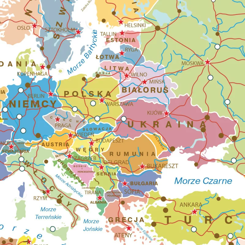 Biała mapa świata po polsku - państwa i stolice